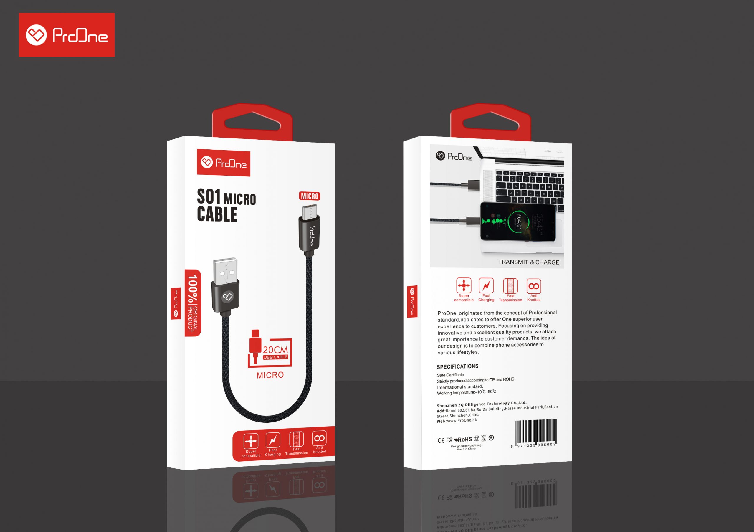 کابل تبدیل USB ProOne به Micro USB مدل PCC125(S01) به طول ۲۰ سانتی متر - متین جانبی